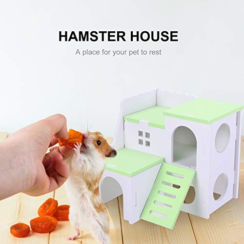 TEHAUX Wooden Hamster House- Double Layers Small Pet Playground with Slide, Hamster Hideout Hut Play Toys for Dwarf Hamster, Mouse, Rat and Other Small Animals (Green)