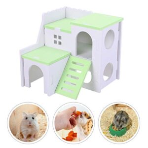 TEHAUX Wooden Hamster House- Double Layers Small Pet Playground with Slide, Hamster Hideout Hut Play Toys for Dwarf Hamster, Mouse, Rat and Other Small Animals (Green)