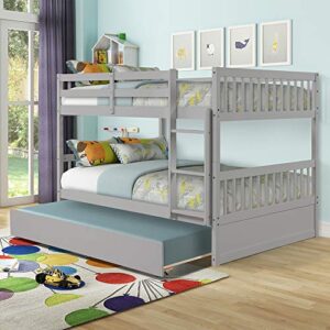 full over full bunk bed with trundle, convertible to 2 full size platform bed, full size bunk bed with ladder and safety rails for kids, teens, adults, grey