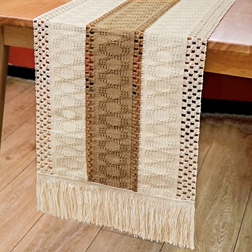 AerWo Macrame Table Runner Splicing Cotton and Burlap Table Runner, Woven Table Runner Farmhouse Style with Tassels Boho Table Runner for Wedding Bridal Shower Home Dining Table Decor, 12 x 108 Inch