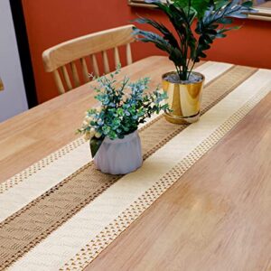 AerWo Macrame Table Runner Splicing Cotton and Burlap Table Runner, Woven Table Runner Farmhouse Style with Tassels Boho Table Runner for Wedding Bridal Shower Home Dining Table Decor, 12 x 108 Inch