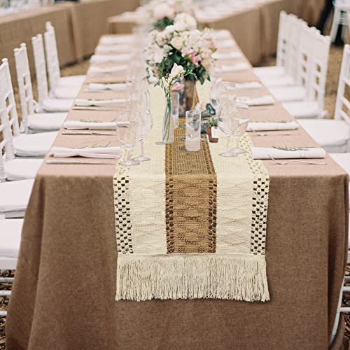 AerWo Macrame Table Runner Splicing Cotton and Burlap Table Runner, Woven Table Runner Farmhouse Style with Tassels Boho Table Runner for Wedding Bridal Shower Home Dining Table Decor, 12 x 108 Inch