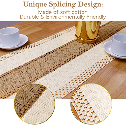 AerWo Macrame Table Runner Splicing Cotton and Burlap Table Runner, Woven Table Runner Farmhouse Style with Tassels Boho Table Runner for Wedding Bridal Shower Home Dining Table Decor, 12 x 108 Inch