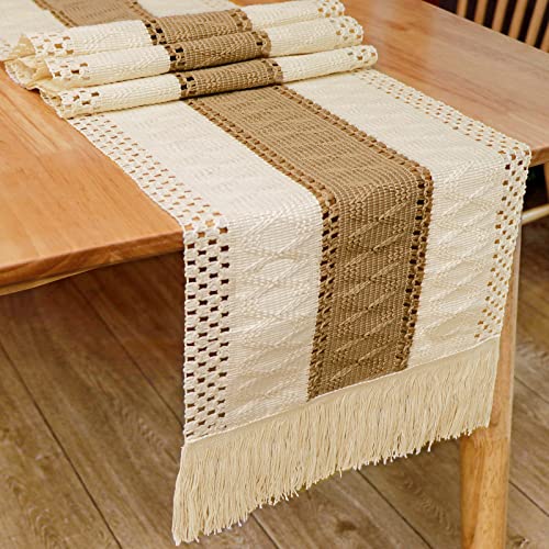 AerWo Macrame Table Runner Splicing Cotton and Burlap Table Runner, Woven Table Runner Farmhouse Style with Tassels Boho Table Runner for Wedding Bridal Shower Home Dining Table Decor, 12 x 108 Inch