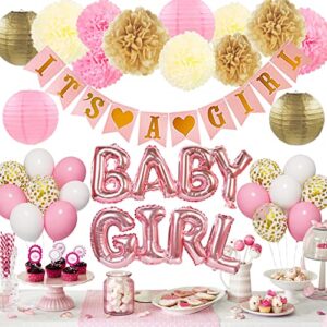 ouddy party pink baby shower decorations for girl with its a girl banner, baby girl letter pink gold confetti balloons paper pom poms for girl baby shower gender reveal party supplies