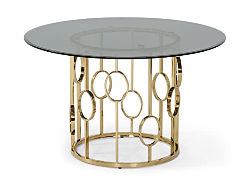 Limari Home Pascal Collection Modern Style Smoked Tempered Glass Round Dining Table, Champagne Gold