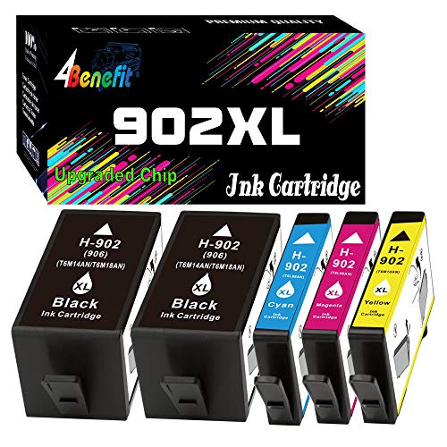 4Benefit (Set of 5) Compatible Replacement hp902 Ink Cartridge 902XL 902 902BK (2xLarge Black + CYM) for HP OfficeJet 6950 6954 6975 6979 Pro 6960 6968 6975 6979 Inkjet Printer