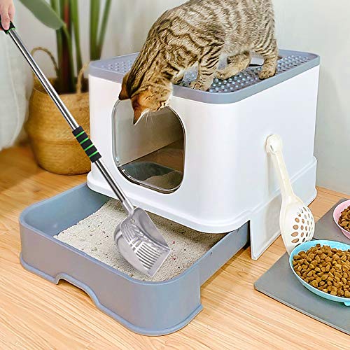 Onlyoung Cat Litter Scoop, Metal Adjustable Long Handle Litter Scooper, Detachable Stainless Steel Non-Stick Kitty Litter Scoop with Foam Padded Grip Handle, Heavy Duty Cats Pooper Pet Poop Shovel