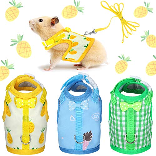 3 Pieces Guinea Pig Harness with Leash Small Pet Harness Fruit Plaid Pattern Adjustable Padded Walking Vest for Pet Hamster Ferret and Squirrel Small Animals (Pineapple, Blue, Green Plaid, Small)