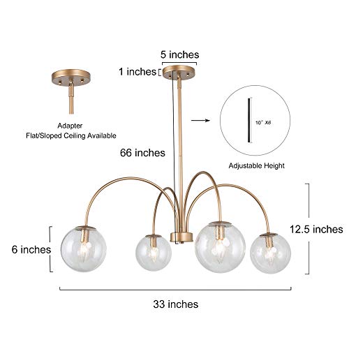 Chandeliers for Dining Rooms, 33’’ Modern Gold Chandelier, Large Globe Pendant Light Fixtures with Globe Seeded Glass Shade for Living Room, Bedroom & Kitchen, Dark Golden Finish