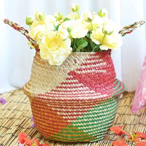 Seagrass Storage Basket Foldable Sundries Basket Handmade Rattan Woven Flower Basket Plant Pot Storage Organizer Home Supplies Red L