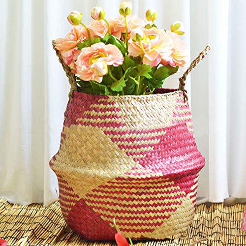 Seagrass Storage Basket Foldable Sundries Basket Handmade Rattan Woven Flower Basket Plant Pot Storage Organizer Home Supplies Red L