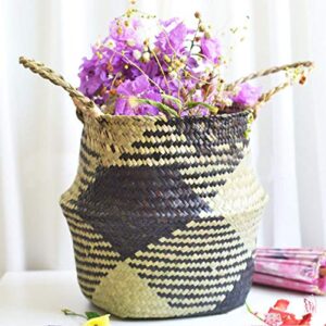 Seagrass Storage Basket Foldable Sundries Basket Handmade Rattan Woven Flower Basket Plant Pot Storage Organizer Home Supplies Red L