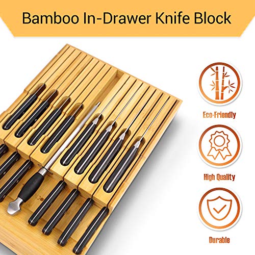 In-Drawer Bamboo Knife Block Holds for 16 Knives(Not Included) and Knife Sharpener, Knife Organizer Drawer Insert for Kitchen Cooking/Chef Skills, Saves Kitchen Counter Space