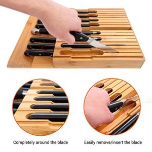 In-Drawer Bamboo Knife Block Holds for 16 Knives(Not Included) and Knife Sharpener, Knife Organizer Drawer Insert for Kitchen Cooking/Chef Skills, Saves Kitchen Counter Space