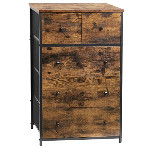 CASATOCA Tall Dresser, Rustic Storage Cabinet with 5 Fabric Drawers, Organizer Unit for Bedroom, Entryway and Closets, Sturdy Steel Frame, Wooden Front and Top, Rustic Brown and Black