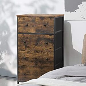 CASATOCA Tall Dresser, Rustic Storage Cabinet with 5 Fabric Drawers, Organizer Unit for Bedroom, Entryway and Closets, Sturdy Steel Frame, Wooden Front and Top, Rustic Brown and Black