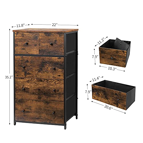 CASATOCA Tall Dresser, Rustic Storage Cabinet with 5 Fabric Drawers, Organizer Unit for Bedroom, Entryway and Closets, Sturdy Steel Frame, Wooden Front and Top, Rustic Brown and Black