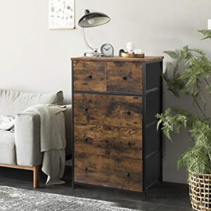 CASATOCA Tall Dresser, Rustic Storage Cabinet with 5 Fabric Drawers, Organizer Unit for Bedroom, Entryway and Closets, Sturdy Steel Frame, Wooden Front and Top, Rustic Brown and Black