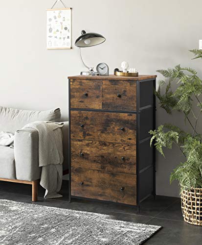 CASATOCA Tall Dresser, Rustic Storage Cabinet with 5 Fabric Drawers, Organizer Unit for Bedroom, Entryway and Closets, Sturdy Steel Frame, Wooden Front and Top, Rustic Brown and Black