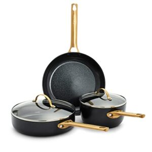 greenpan reserve hard anodized healthy ceramic nonstick 5 piece cookware pots and pans set, gold handle, pfas-free, dishwasher safe, oven safe, black