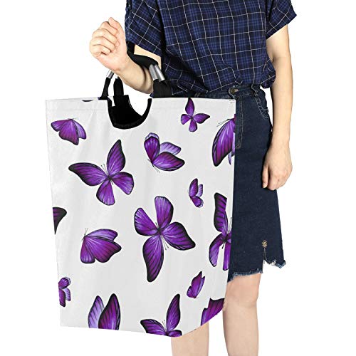 Qilmy Watercolor Purple Butterfly Laundry Hamper Large Waterproof with Handle Laundry Baskets Foldable Lightweight Durable Store Basket for Bathroom Bedroom