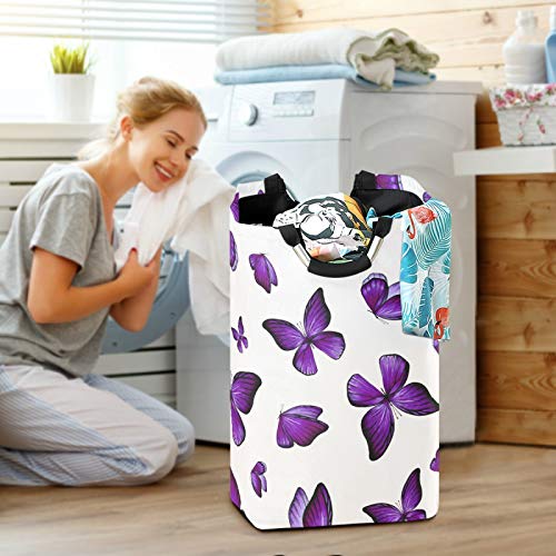 Qilmy Watercolor Purple Butterfly Laundry Hamper Large Waterproof with Handle Laundry Baskets Foldable Lightweight Durable Store Basket for Bathroom Bedroom