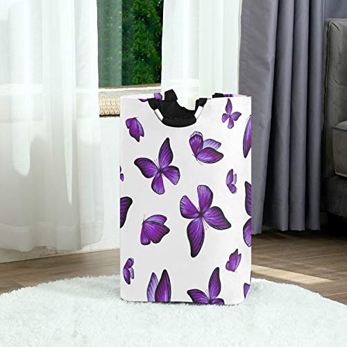 Qilmy Watercolor Purple Butterfly Laundry Hamper Large Waterproof with Handle Laundry Baskets Foldable Lightweight Durable Store Basket for Bathroom Bedroom