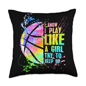 female sports try to keep up i know i play like a girl try to keep up basketball throw pillow, 18x18, multicolor