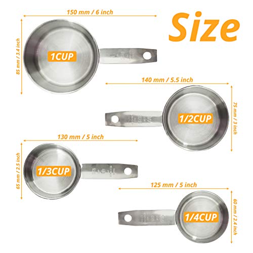 KUFUNG Kitchen Baking Measuring Stainless Steel Spoon &Cups Set for Dry or Liquid (4 pcs-Cup, Silver)