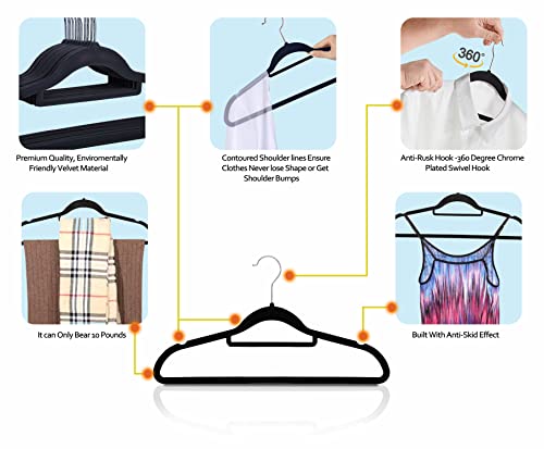 GVTECH Premium Velvet Hangers, [50 Pack] Non Slip and Heavy Duty Velvet Suit Hangers (45cm) with Tie Bar, 360° Swivel Hooks, Sturdy to Hold Jumper, Pullovers, Jackets & Hoodies (50 Pack, Black)