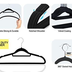 GVTECH Premium Velvet Hangers, [50 Pack] Non Slip and Heavy Duty Velvet Suit Hangers (45cm) with Tie Bar, 360° Swivel Hooks, Sturdy to Hold Jumper, Pullovers, Jackets & Hoodies (50 Pack, Black)