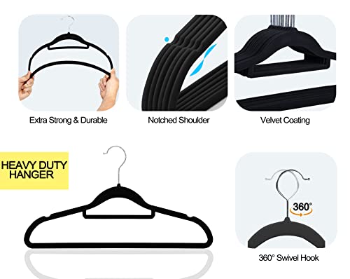 GVTECH Premium Velvet Hangers, [50 Pack] Non Slip and Heavy Duty Velvet Suit Hangers (45cm) with Tie Bar, 360° Swivel Hooks, Sturdy to Hold Jumper, Pullovers, Jackets & Hoodies (50 Pack, Black)