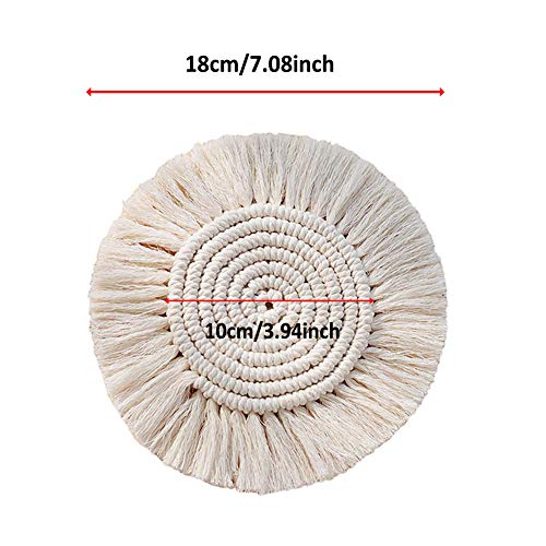 Handmade Macrame Coasters for Drinks, Boho Coasters Set of 2, Round Cotton Woven Absorbent Coasters Heat Resistant Wooden Coffee Table Mats Pads for Home Office Bar Farmhouse Mugs and Cups Decor