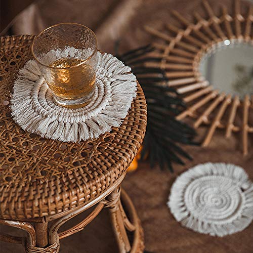 Handmade Macrame Coasters for Drinks, Boho Coasters Set of 2, Round Cotton Woven Absorbent Coasters Heat Resistant Wooden Coffee Table Mats Pads for Home Office Bar Farmhouse Mugs and Cups Decor