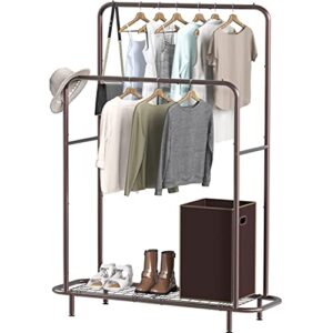 simple houseware double rod clothing garment rack with bottom shelves, bronze