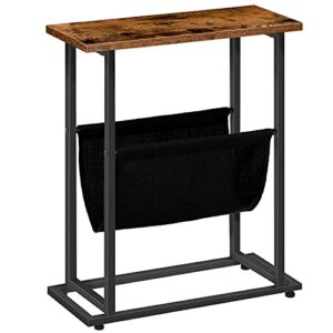 hoobro side table with magazine holder sling, narrow end table, industrial slim nightstand for small spaces, wood look accent table with metal frame, easy assembly, rustic brown and black bf81bz01