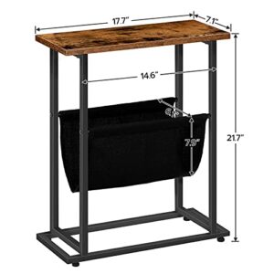 HOOBRO Side Table with Magazine Holder Sling, Narrow End Table, Industrial Slim Nightstand for Small Spaces, Wood Look Accent Table with Metal Frame, Easy Assembly, Rustic Brown and Black BF81BZ01