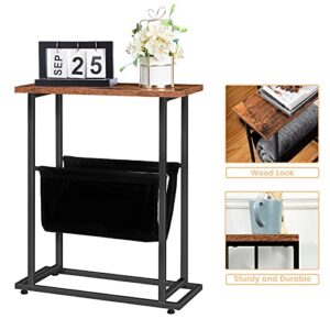 HOOBRO Side Table with Magazine Holder Sling, Narrow End Table, Industrial Slim Nightstand for Small Spaces, Wood Look Accent Table with Metal Frame, Easy Assembly, Rustic Brown and Black BF81BZ01