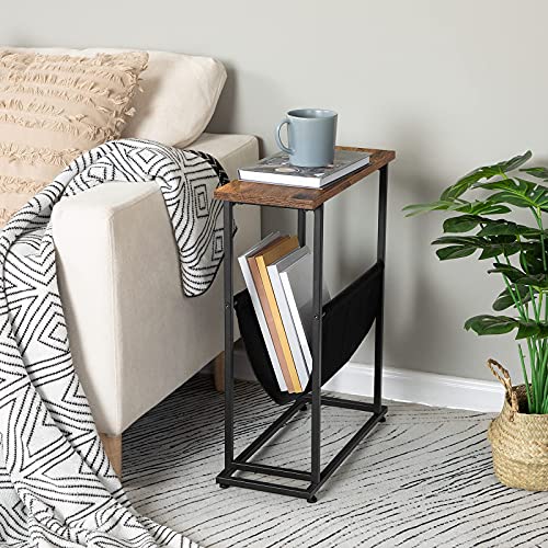 HOOBRO Side Table with Magazine Holder Sling, Narrow End Table, Industrial Slim Nightstand for Small Spaces, Wood Look Accent Table with Metal Frame, Easy Assembly, Rustic Brown and Black BF81BZ01