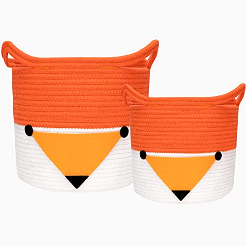 Annecy Cotton Rope Storage Basket Set of 2, Fox Woven Storage Basket, Toy Basket Organizer for Cats, Dogs, Cute Animal Laundry Basket for Nursery, Orange Baby Gift Basket