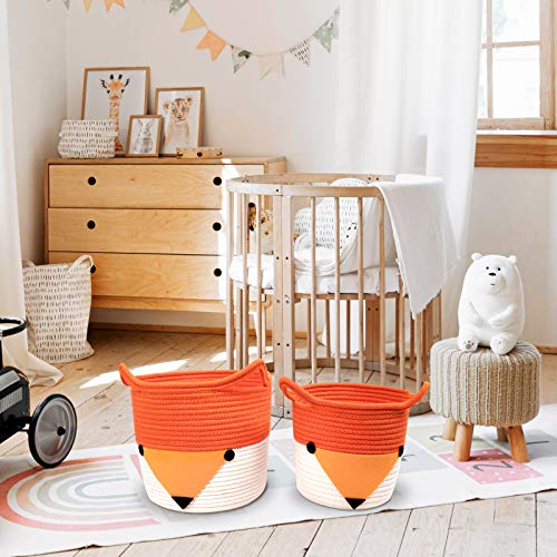 Annecy Cotton Rope Storage Basket Set of 2, Fox Woven Storage Basket, Toy Basket Organizer for Cats, Dogs, Cute Animal Laundry Basket for Nursery, Orange Baby Gift Basket