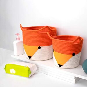 Annecy Cotton Rope Storage Basket Set of 2, Fox Woven Storage Basket, Toy Basket Organizer for Cats, Dogs, Cute Animal Laundry Basket for Nursery, Orange Baby Gift Basket