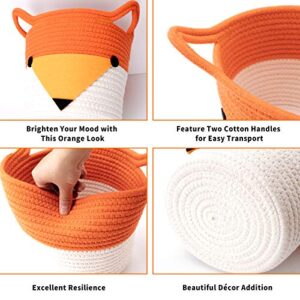 Annecy Cotton Rope Storage Basket Set of 2, Fox Woven Storage Basket, Toy Basket Organizer for Cats, Dogs, Cute Animal Laundry Basket for Nursery, Orange Baby Gift Basket