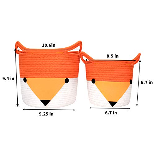 Annecy Cotton Rope Storage Basket Set of 2, Fox Woven Storage Basket, Toy Basket Organizer for Cats, Dogs, Cute Animal Laundry Basket for Nursery, Orange Baby Gift Basket