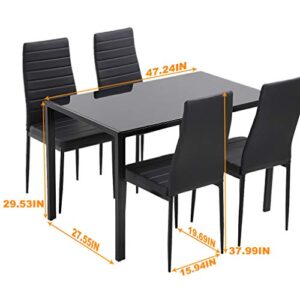 Dining Table Set Dining Room Table Set 5-Piece Kitchen Dining Table Set with 4 Faux Leather Metal Frame Chairs Rectangular Modern for Small Spaces w/Glass Tabletop Kitchen Table and Chairs