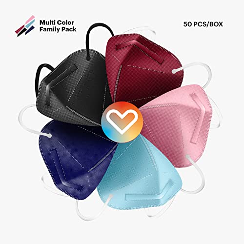 Dolce Calma KN95 Face Mask, 50 Pack Individually Wrapped, 5-Ply Breathable and Comfortable Multicolor Masks for Men and Women, Adjustable Nose Clip & Flexible Earloop KN95 Mask