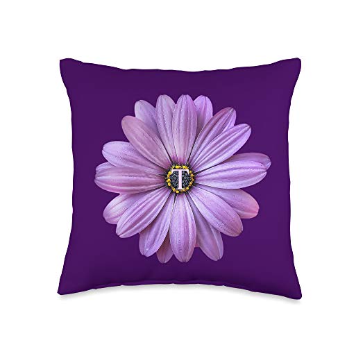 Daisy Flower Initial Letter Monogram Design Gift Initial T Letter Purple Floral Design Flower-Daisy Throw Pillow, 16x16, Multicolor