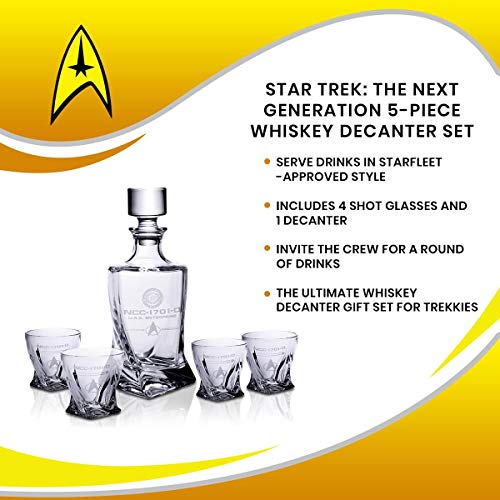 Star Trek: The Next Generation 5-Piece Whiskey Decanter Set | USS Enterprise Themed Party Shot Glasses For Home Barware Collection | Each Glass Holds 10 Ounces