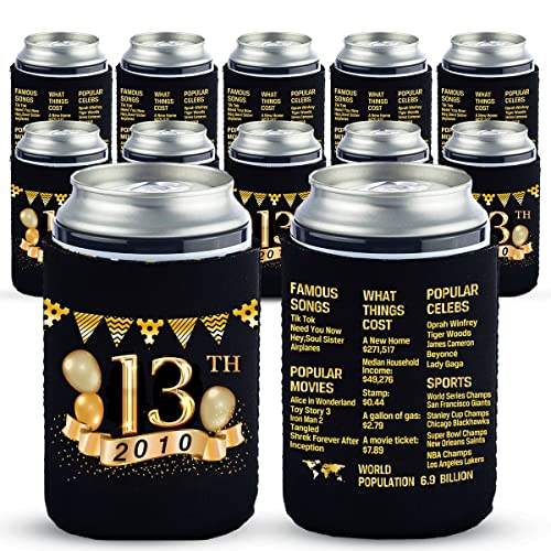 Yangmics 13th Birthday Can Cooler Sleeves Pack of 12-13th Anniversary Decorations- 2010 Sign - 13th Birthday Party Supplies - Black and Gold the thirteenth Birthday Cup Coolers